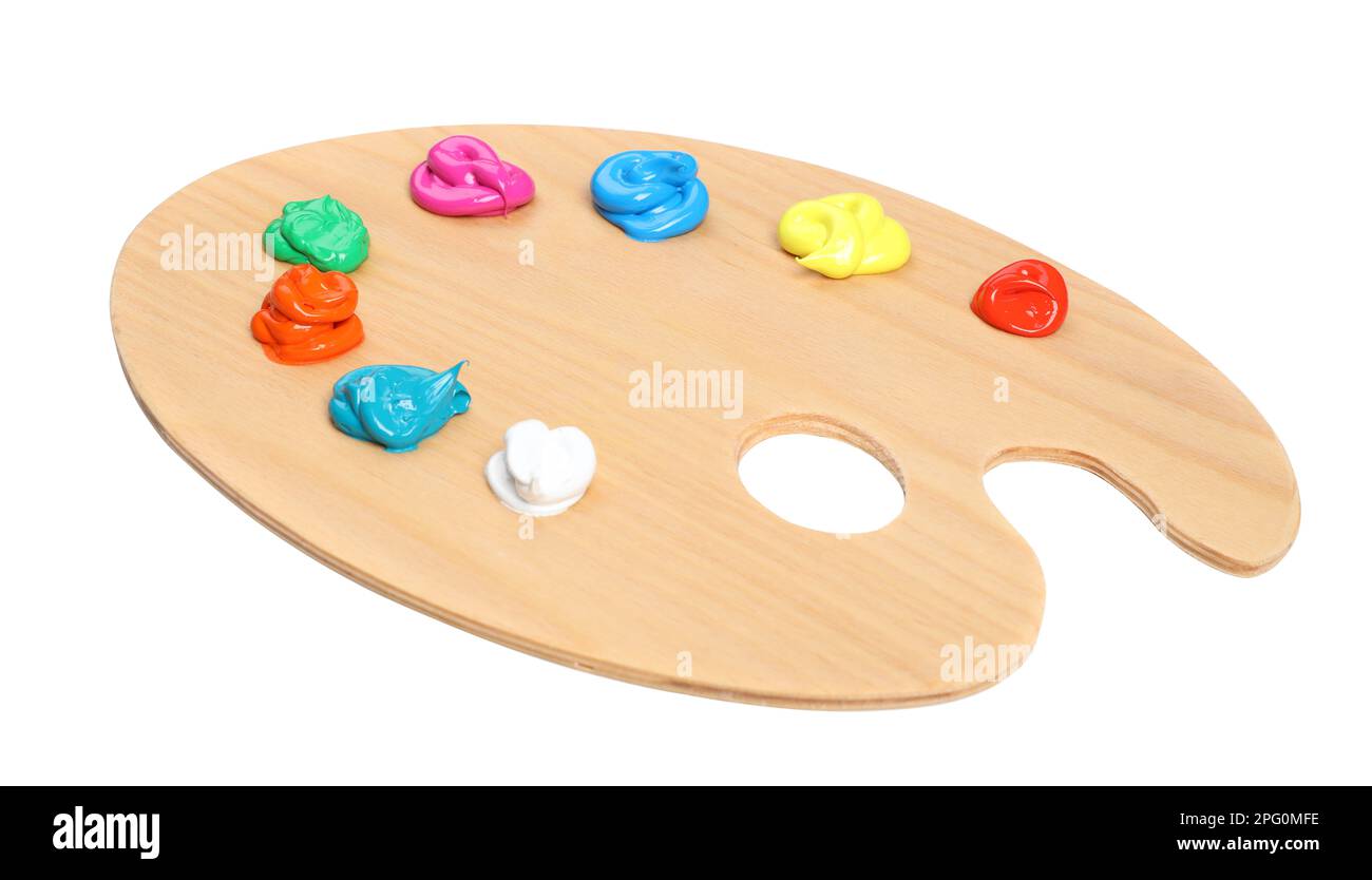 Palette with paints on white background. Artist equipment Stock Photo ...