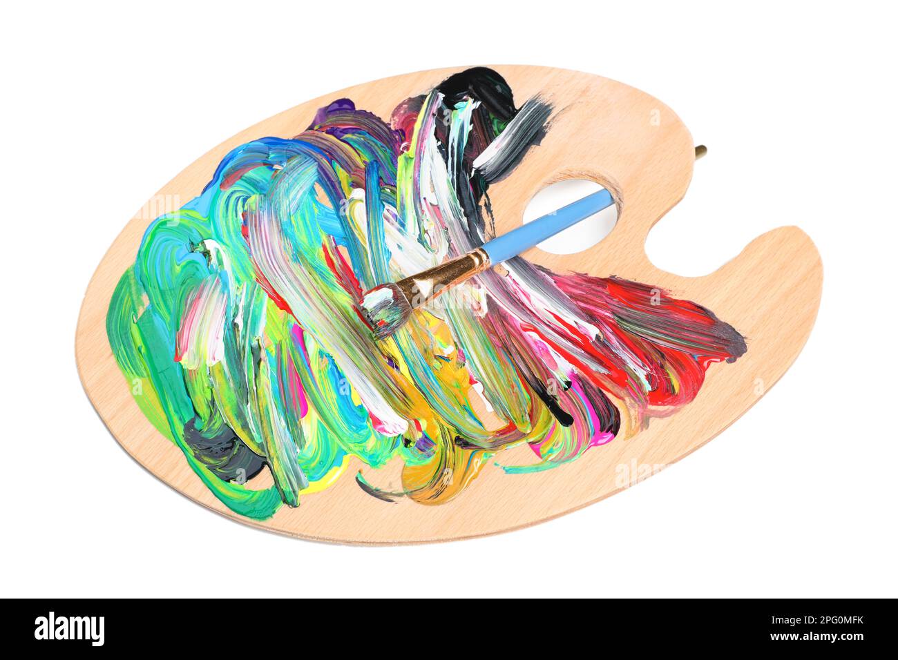 Palette with paints and brush on white background, top view. Artist ...