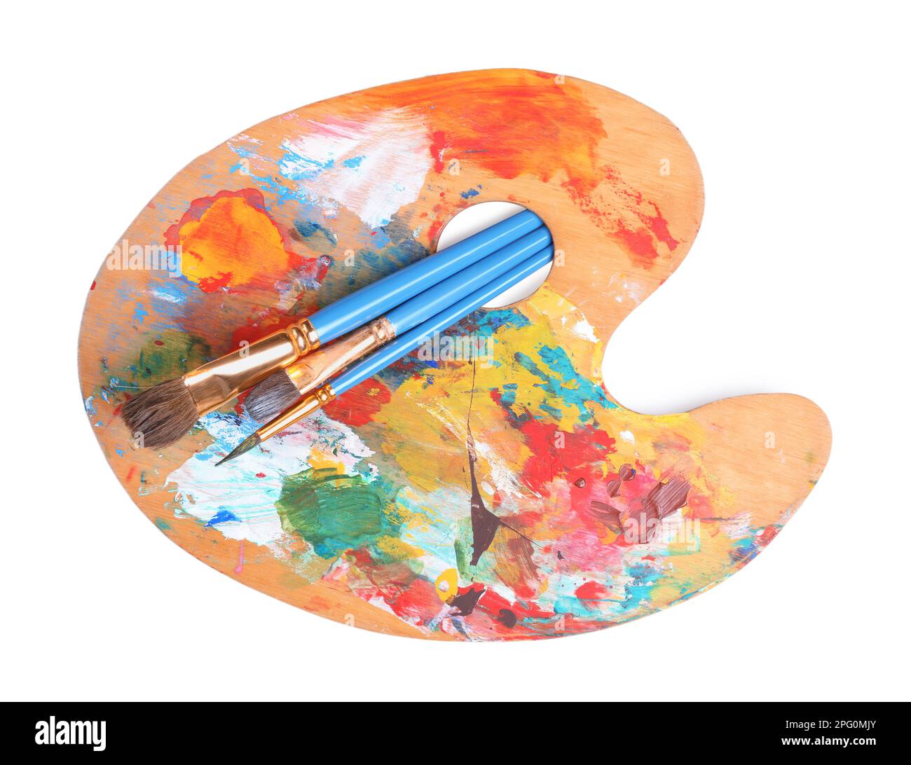 Palette with paints and brushes on white background, top view. Artist ...
