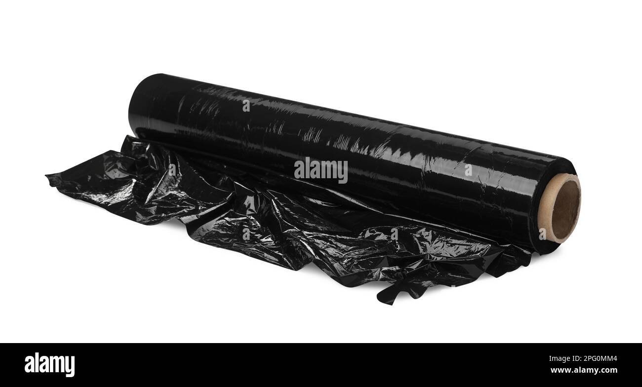 Roll of black plastic stretch wrap film isolated on white Stock Photo ...