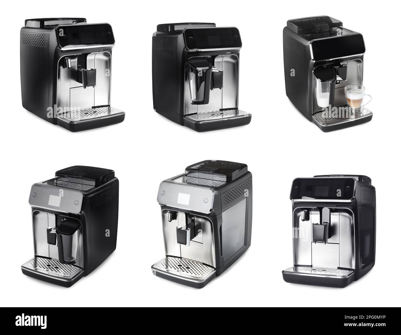 Set with modern electric coffee machines on white background Stock ...