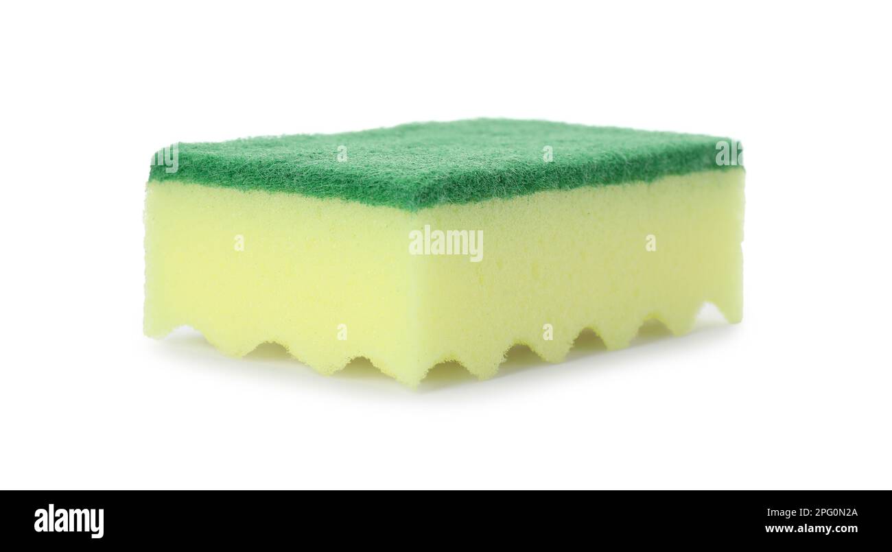 Yellow cleaning sponge with abrasive green scourer isolated on white ...