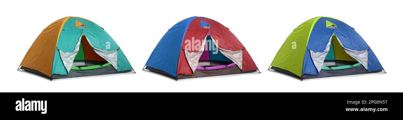 Set with different colorful camping tents on white background. Banner ...