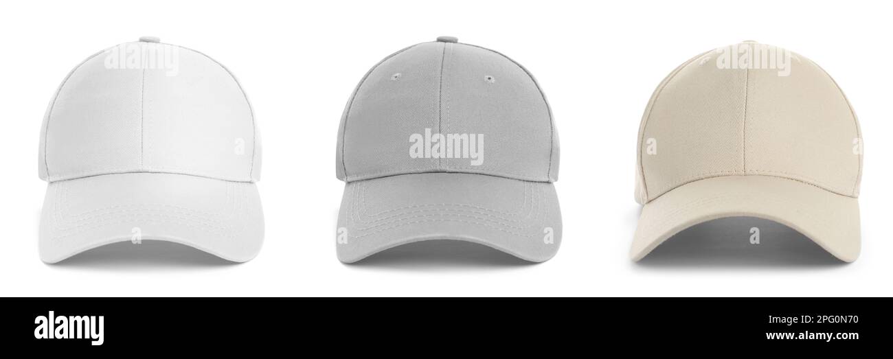 Set with different baseball caps on white background. Mock up for ...