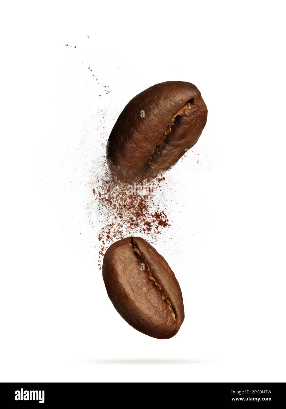 Aromatic ground coffee and beans falling on white background Stock ...