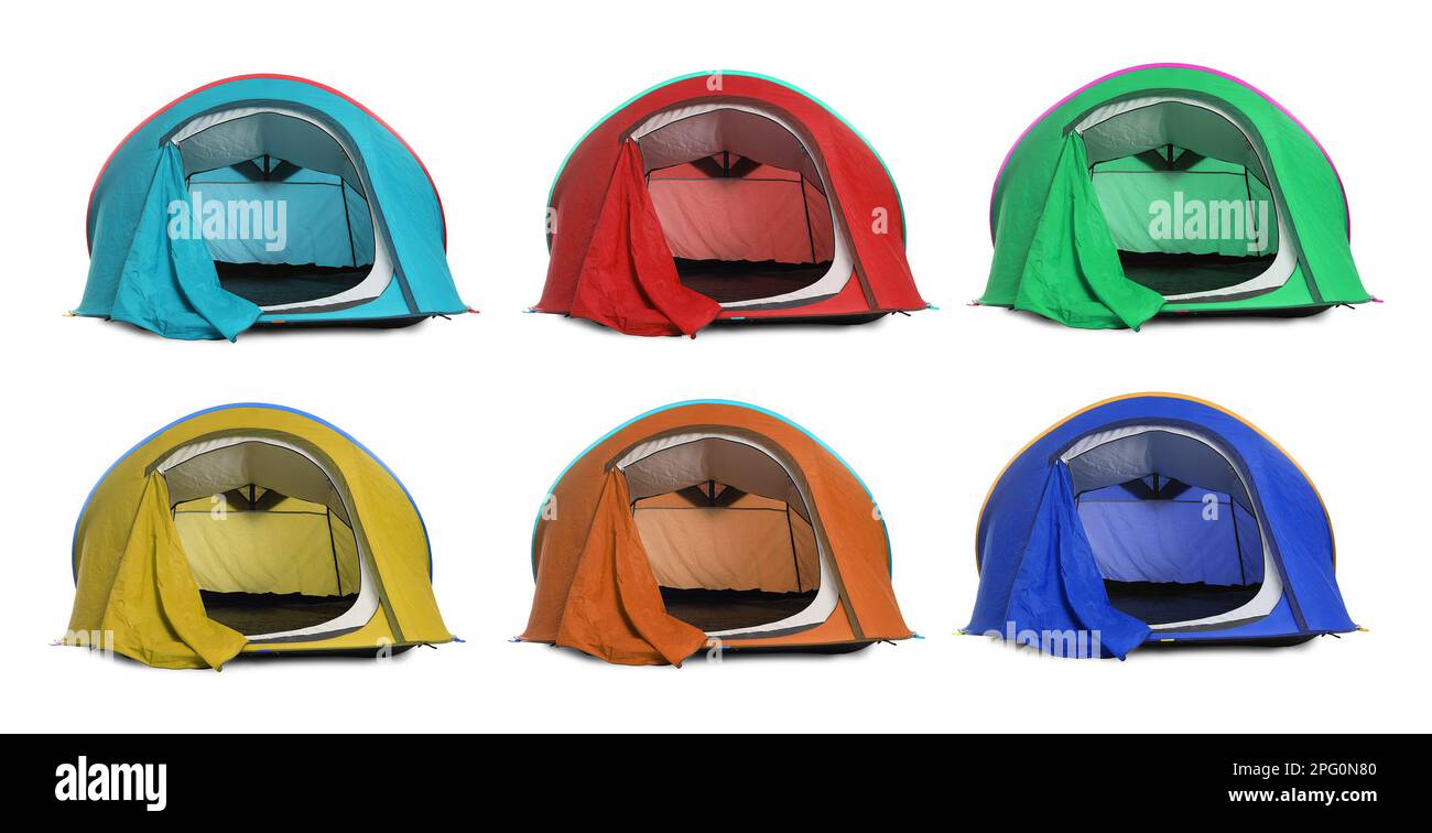 Set with different colorful camping tents on white background. Banner ...