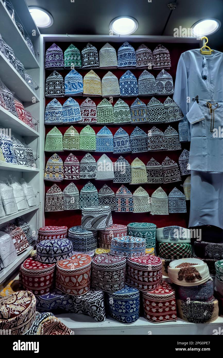Traditional kuma caps for sale in the Mutrah Souq, Muscat, Oman Stock ...