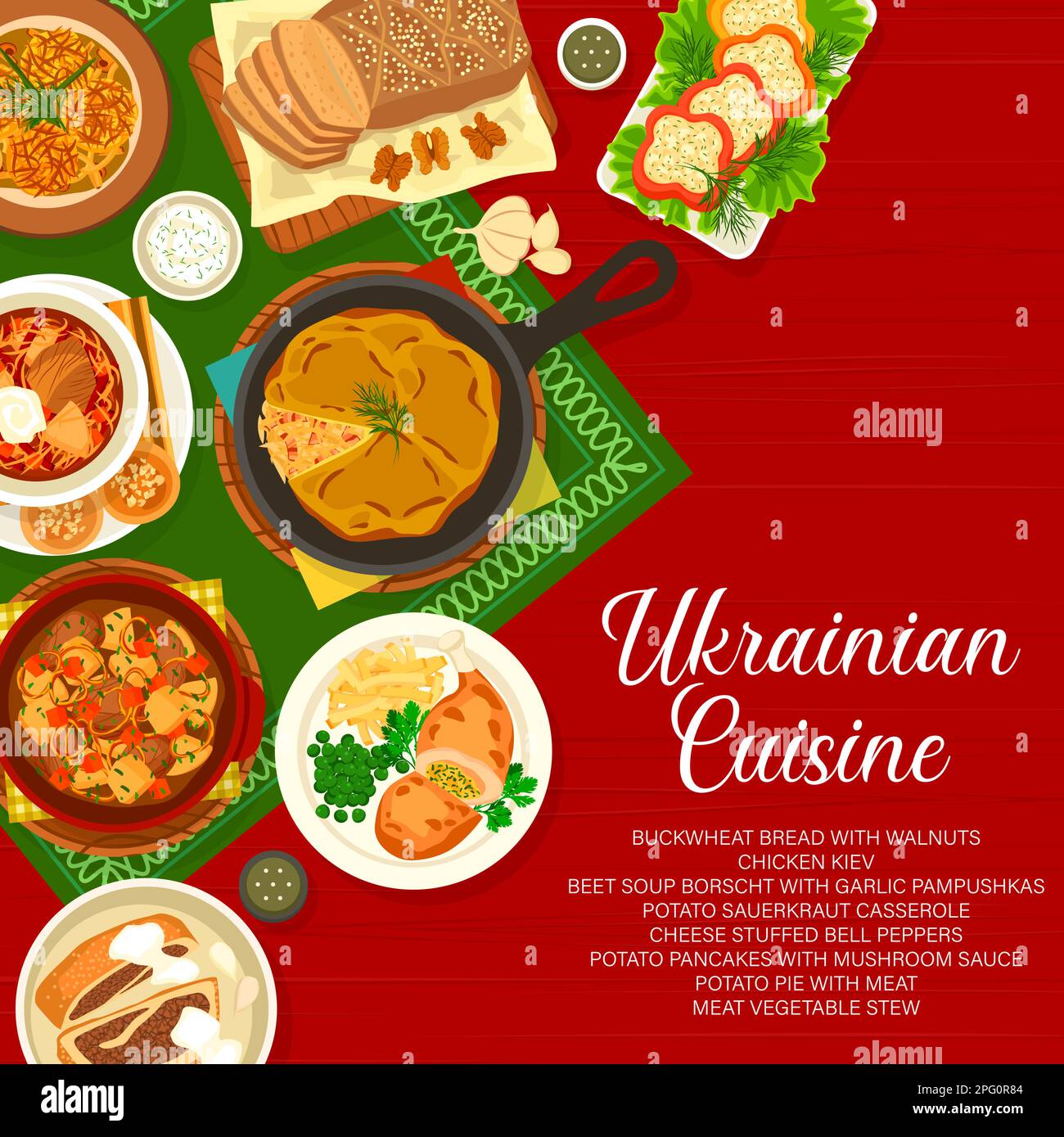 Ukrainian cuisine restaurant menu cover page. Stuffed peppers, meat ...