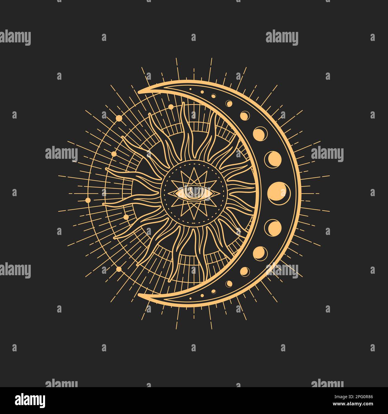 Magic tarot occult esoteric sign with egyptian all-seeing eye in star with crescent moon and ...