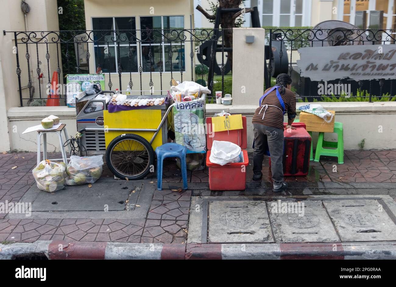 BANGKOK, THAILAND, FEB 04 2023, A street vendor offers chilled drinks ...