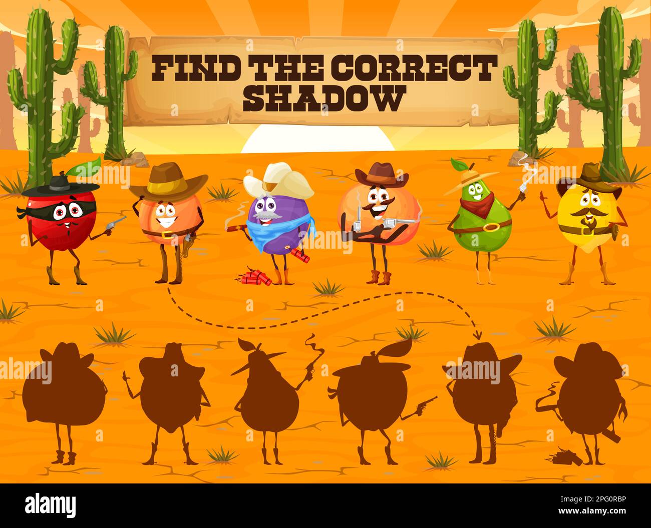 Find the correct shadow of cartoon fruit cowboy, ranger, sheriff and ...
