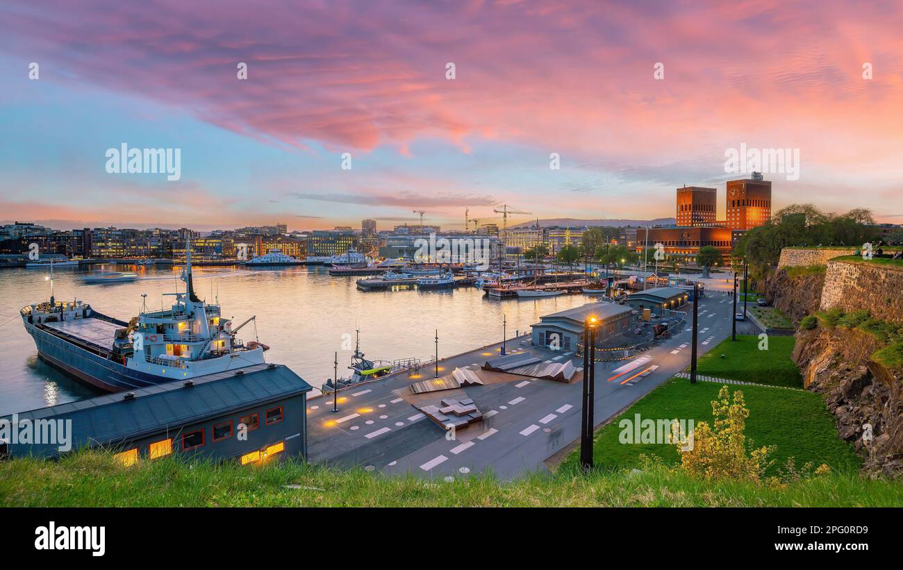 Oslo waterfront downtown city skyline cityscape in Norway at sunset ...