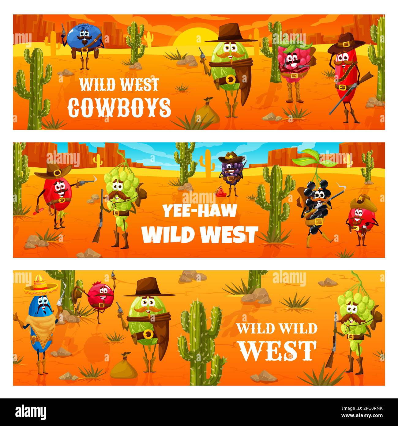 Cartoon wild west berry ranger, cowboy and bandit characters. Vector ...