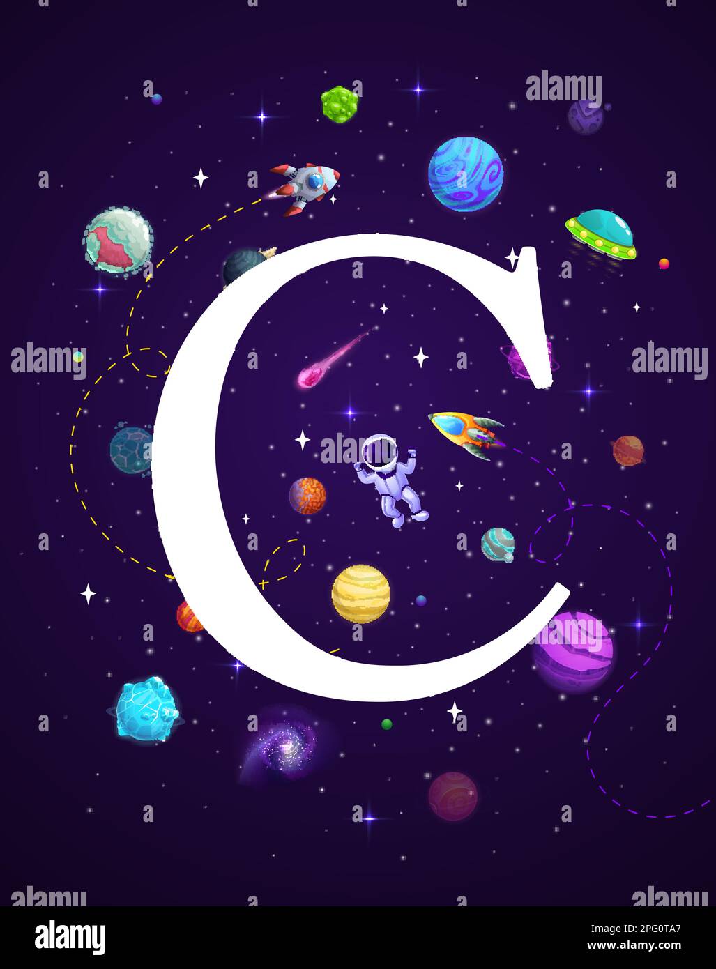 Cartoon space letter C. Vector kids abc uppercase sign in galaxy with ...