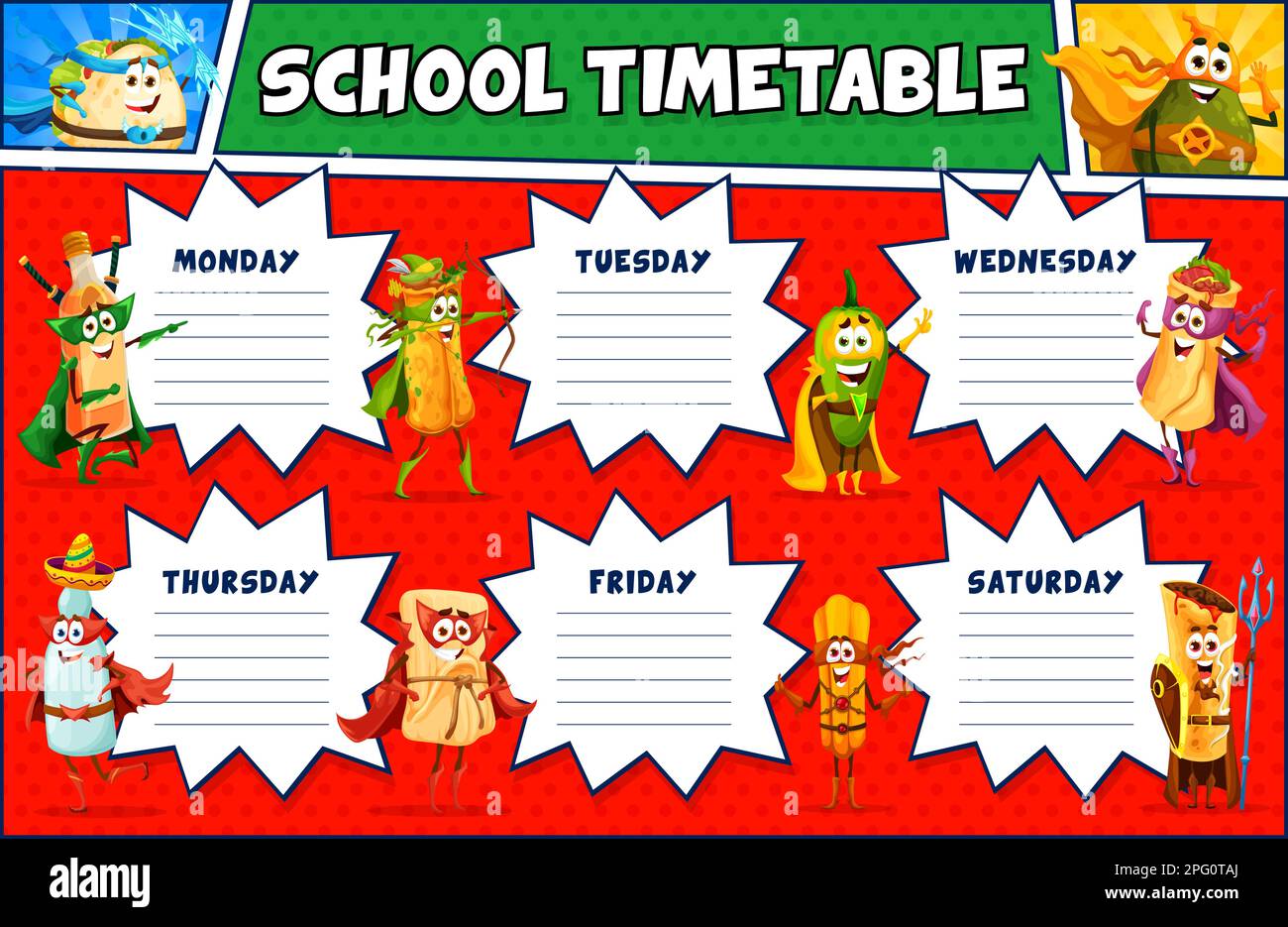 Timetable schedule superhero cartoon mexican tex mex food characters ...