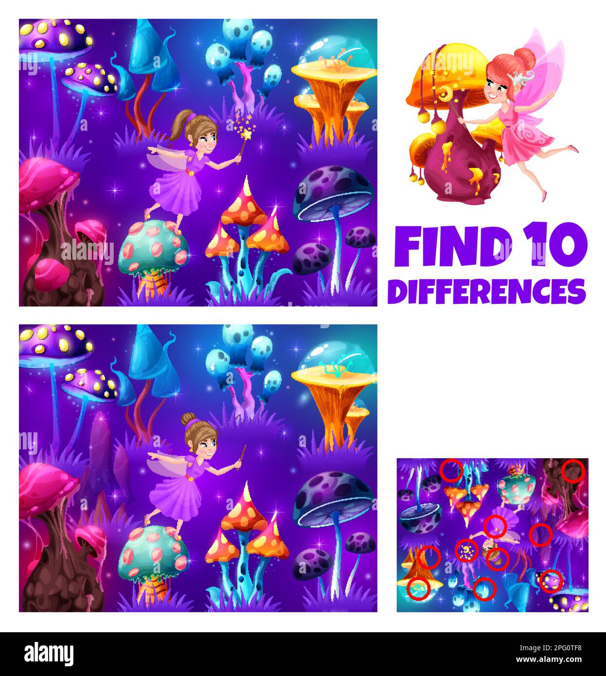 Kids game fairy and magic forest with purple luminous mushrooms. Find ...
