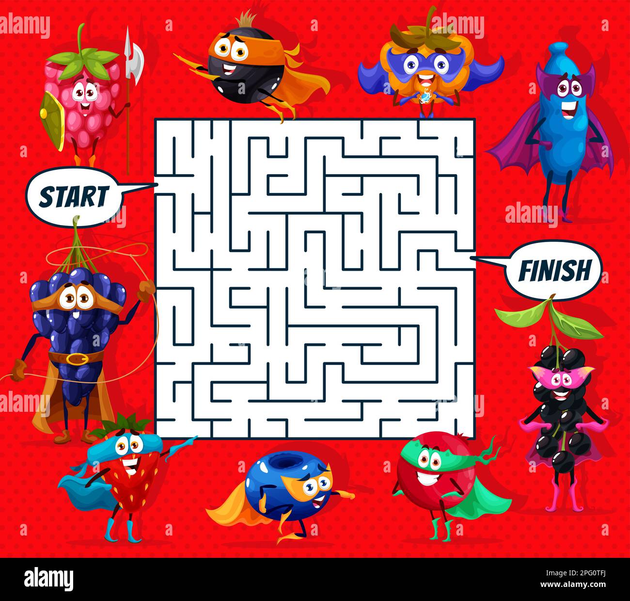 Labyrinth maze game cartoon superhero berry characters. Kids vector ...