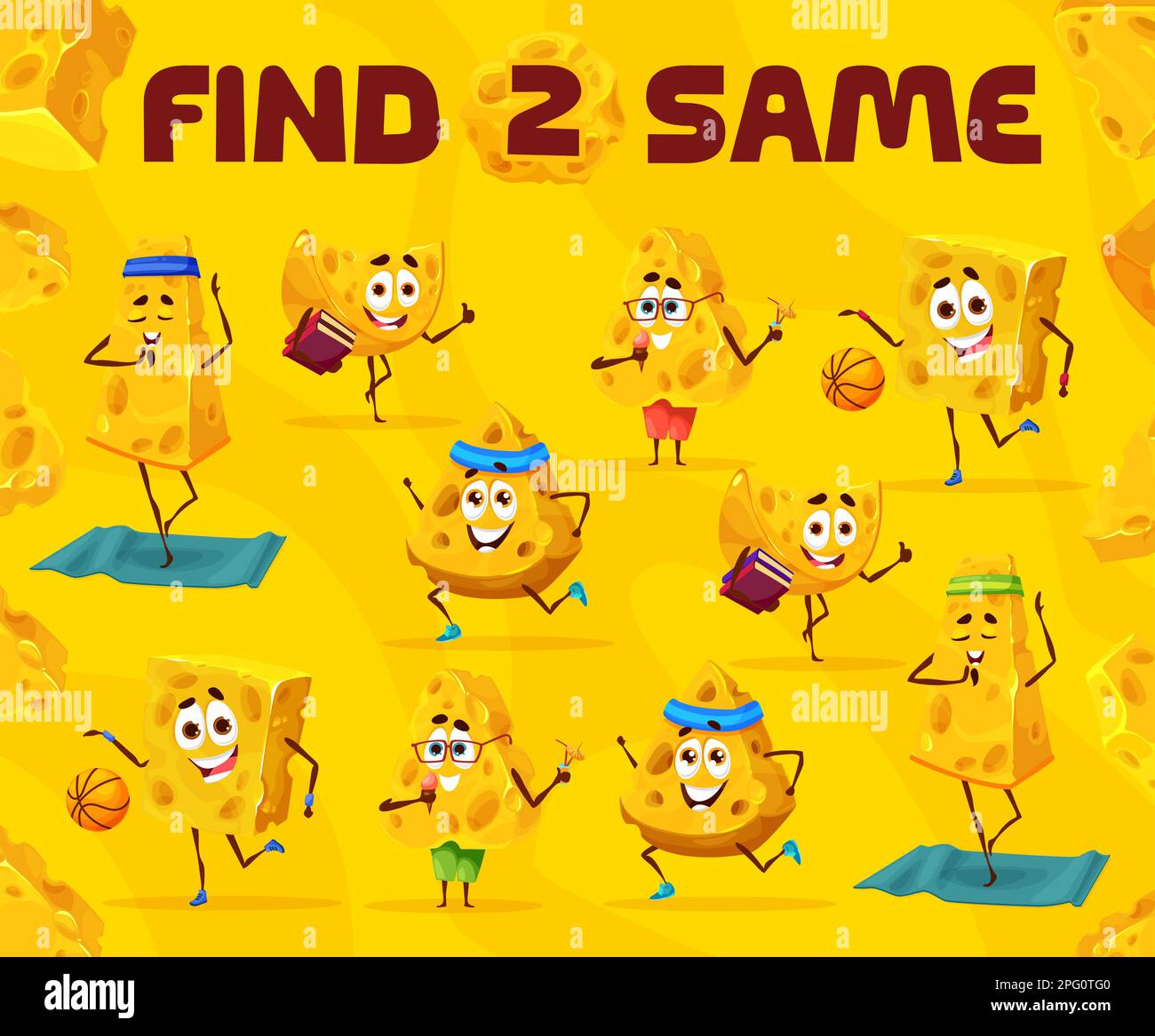 Find two same cartoon cheese characters kids game worksheet. Vector ...