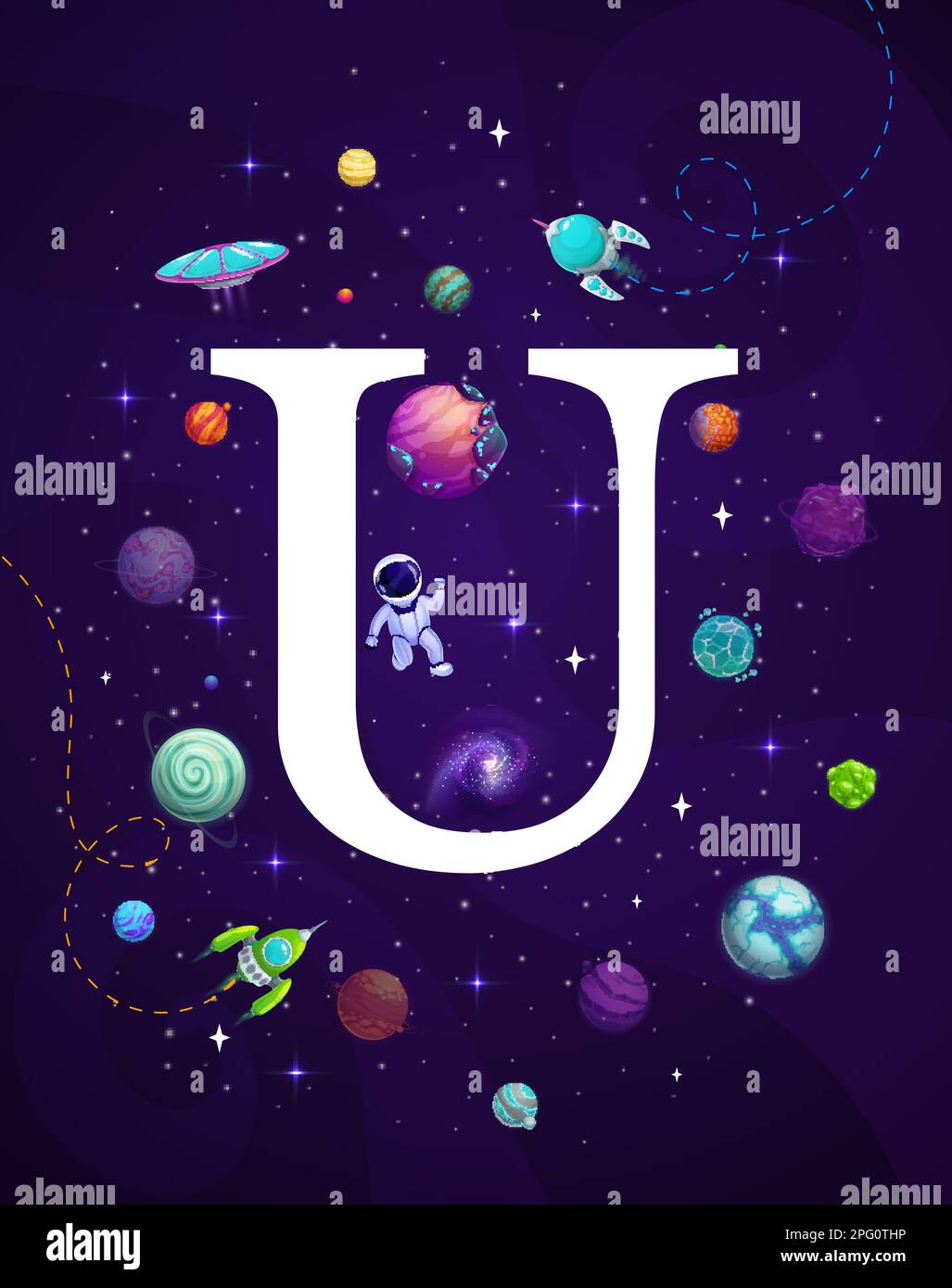 Cartoon space letter U. Vector alphabet uppercase sign. Card with ...