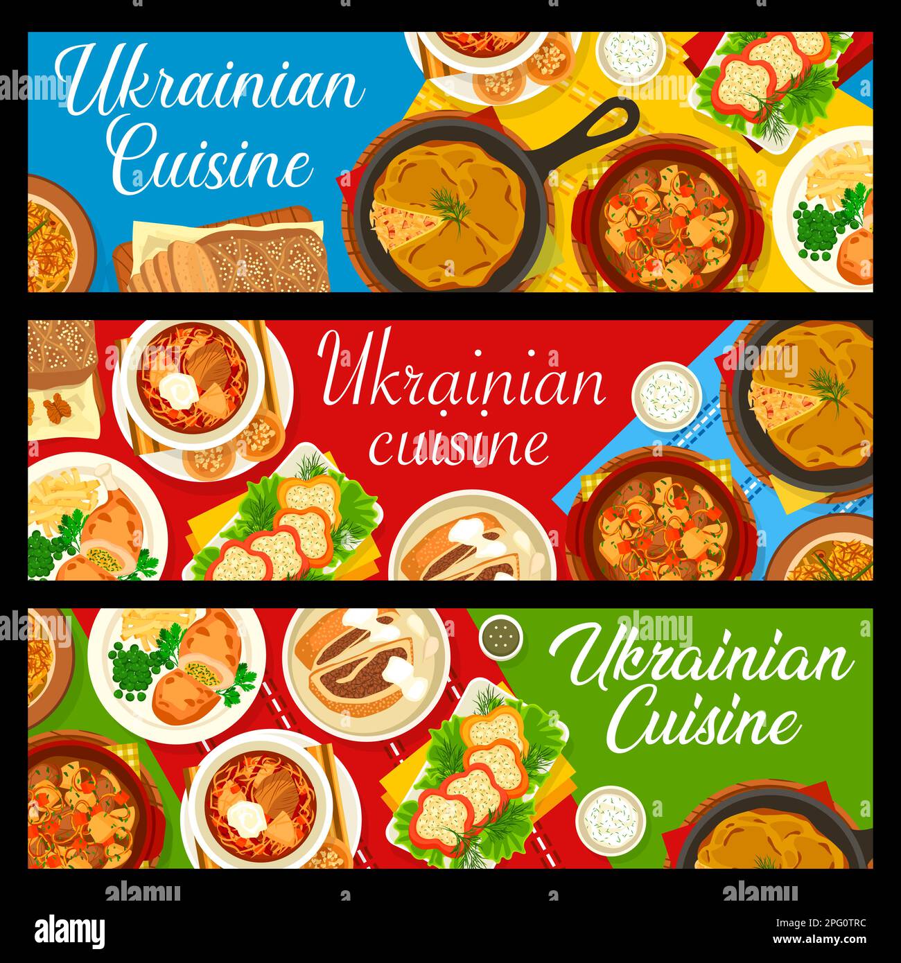 Ukrainian cuisine meals banners. Buckwheat bread with walnuts, meat ...