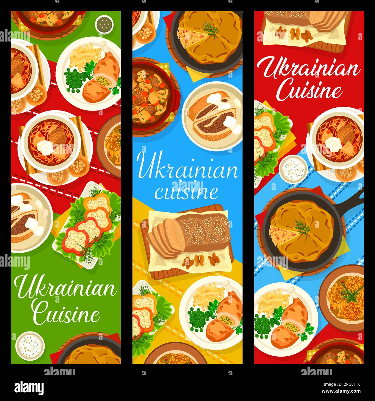 Ukrainian food restaurant meals banners. Chicken Kiyv, buckwheat bread ...