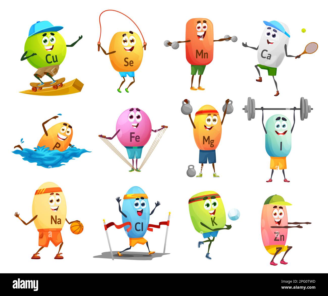 Cartoon cheerful minerals sportsman characters, micronutrient. Vector ...