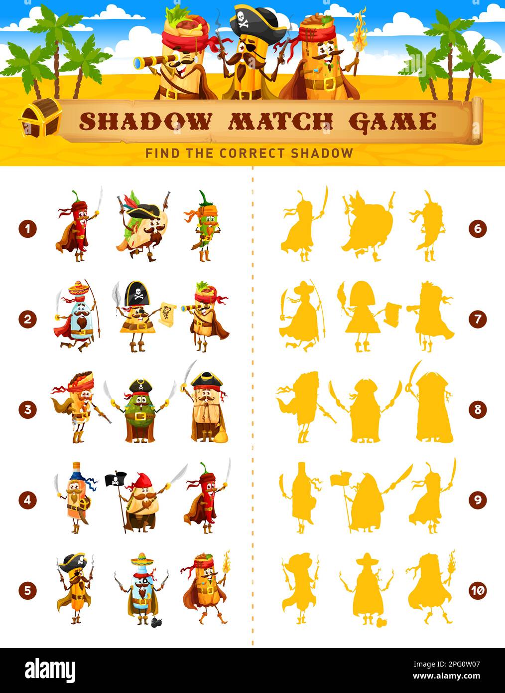 Shadow match game. Cartoon mexican food pirates and corsairs on ...