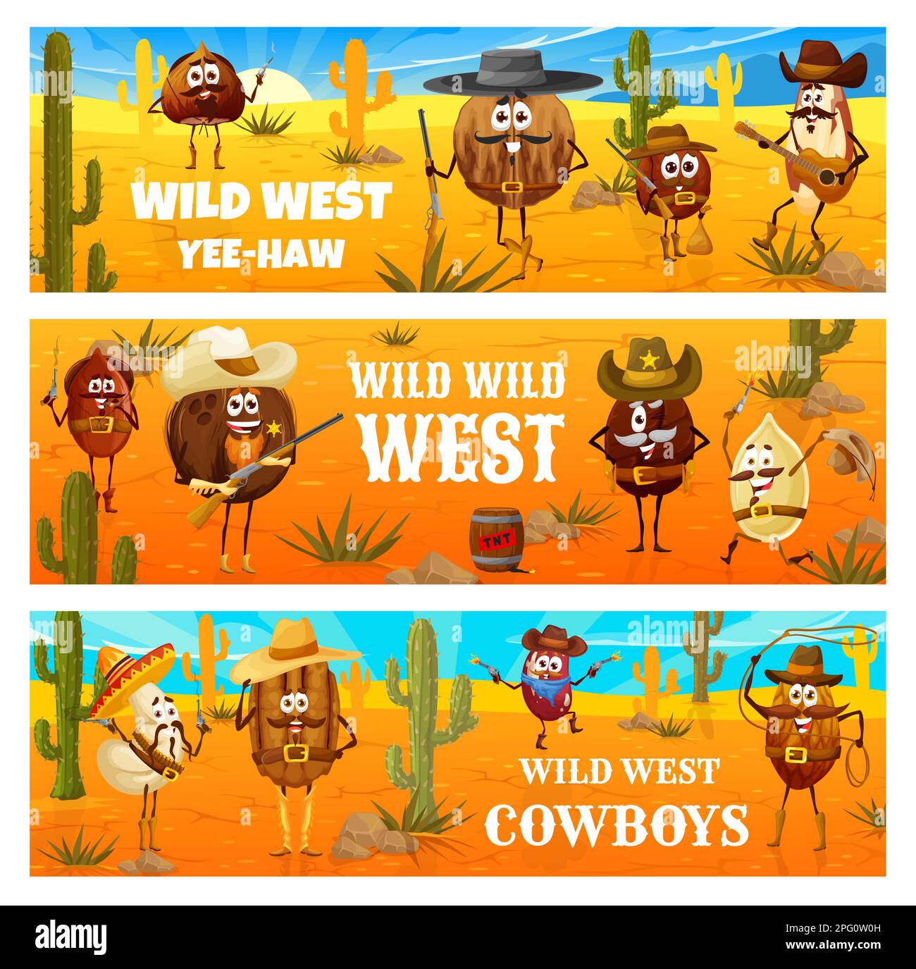 Wild west. Cartoon cowboy, bandit and ranger nut characters. Hazelnut ...