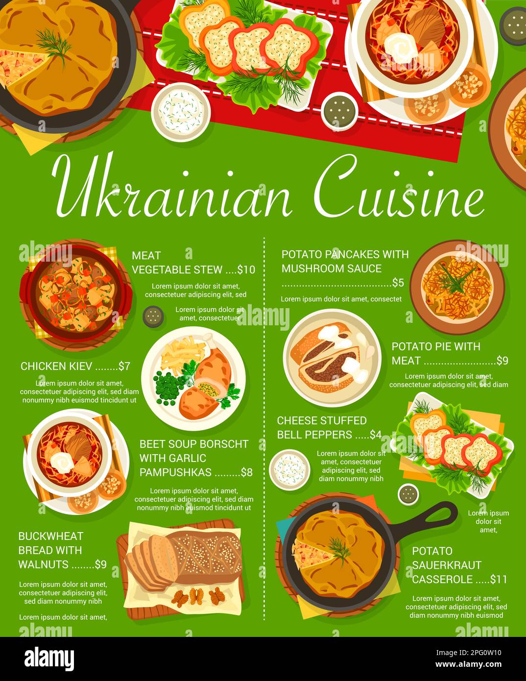 Ukrainian cuisine food menu page. Chicken Kiyv, stuffed peppers and ...