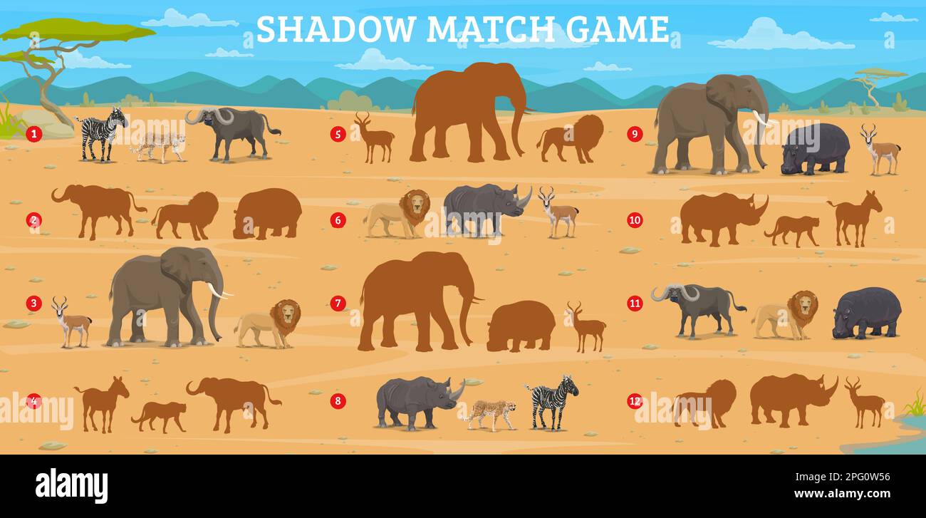 Shadow match game. Cartoon african savannah animals. Vector worksheet ...