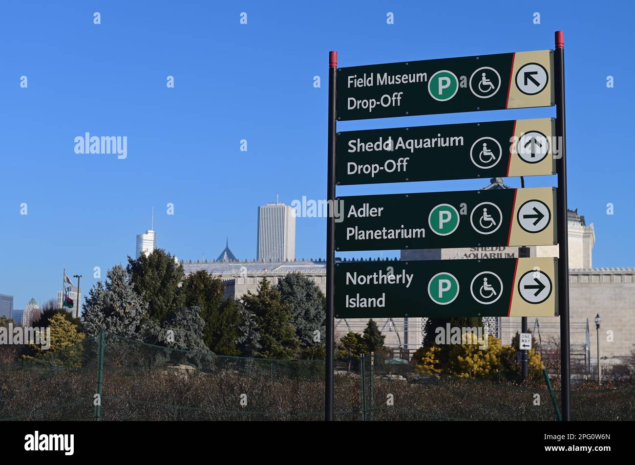 Chicago, Illinois, USA. A sign at the Chicago Museum Campus providing ...