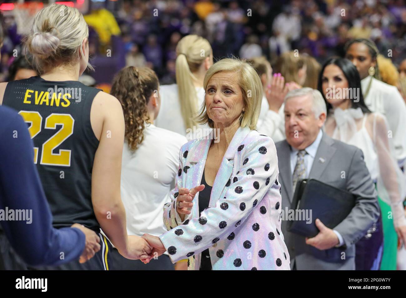 Baton Rouge, LA, USA. 19th Mar, 2023. LSU Head Coach Kim Mulkey shakes ...