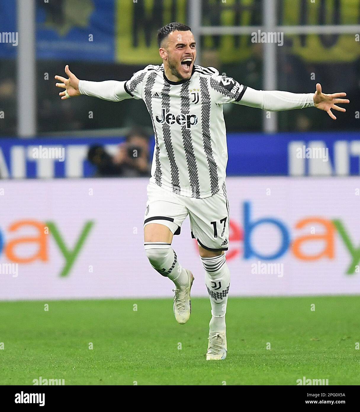 Milan, Italy. 19th Mar, 2023. FC Juventus' Filip Kostic celebrates ...