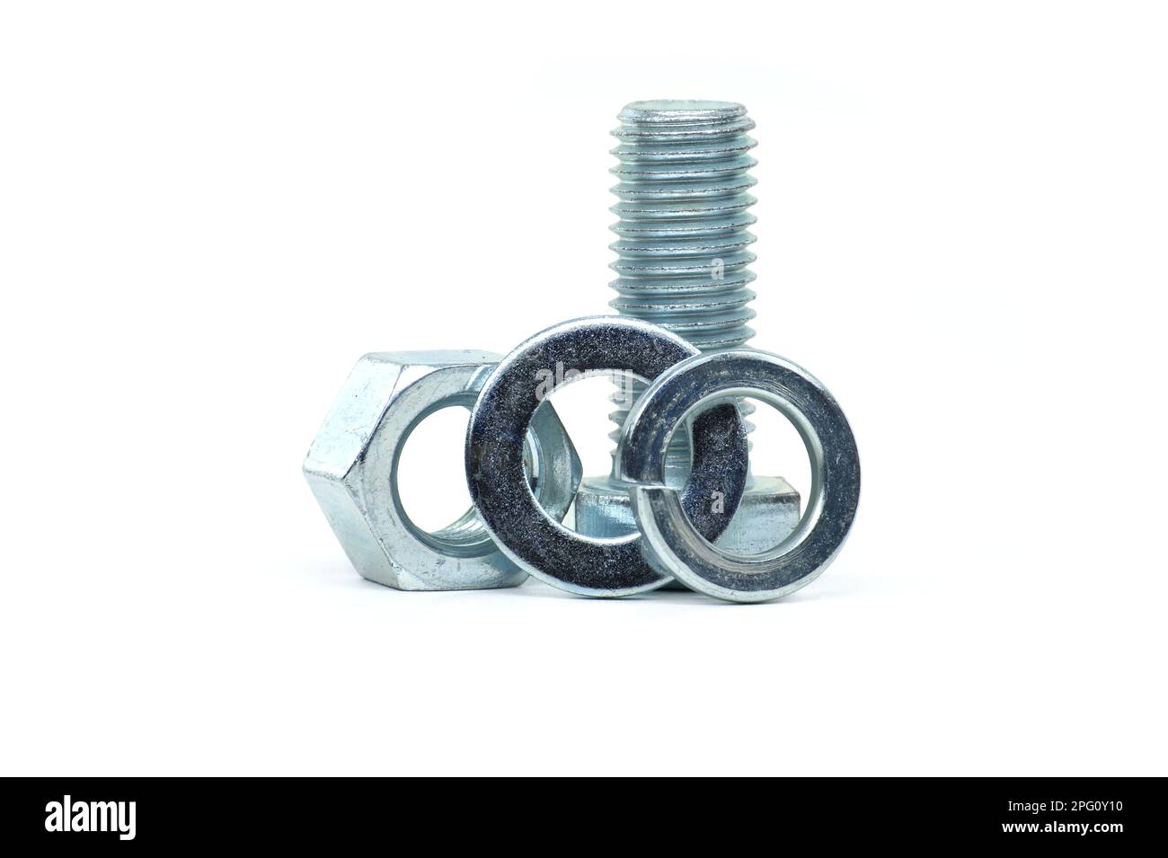 Male screw and hexagon nut, flat nut washer and spring washer coated ...