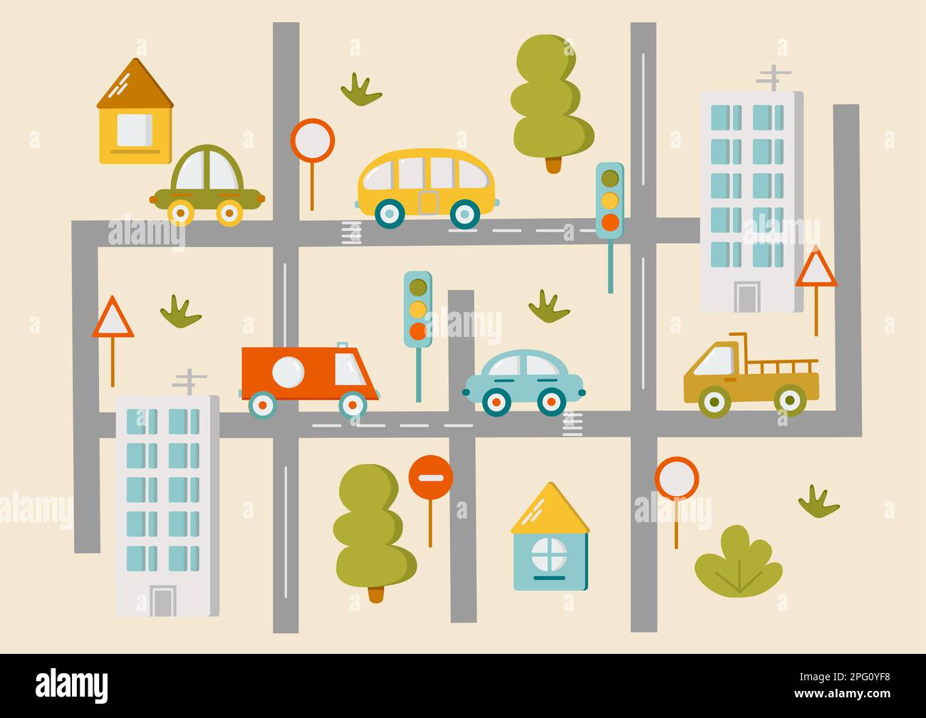 Cute town map for kids room. Landscape with lot details. Vector ...