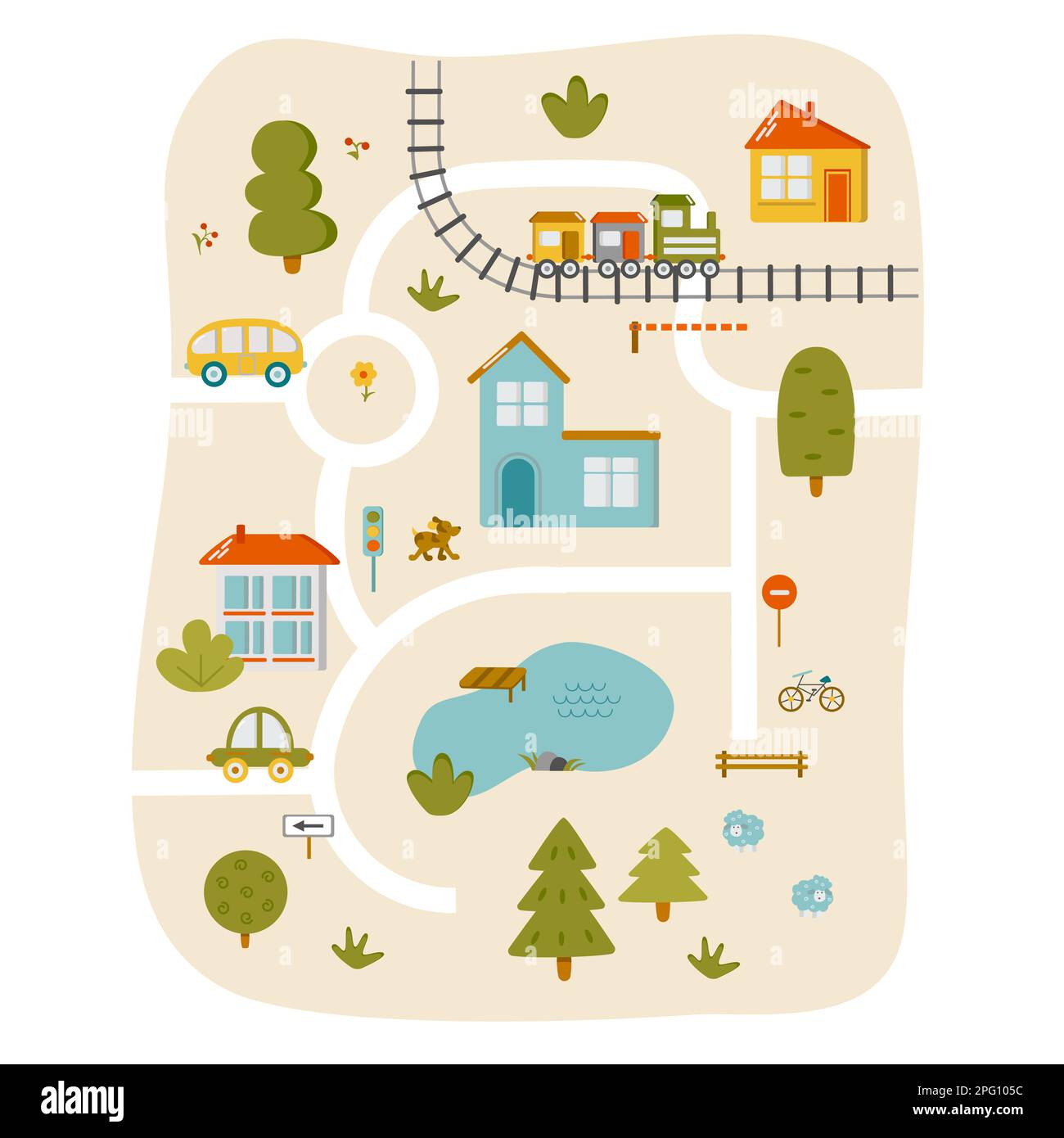 Cute town map for kids room. Landscape with lot details. Vector ...