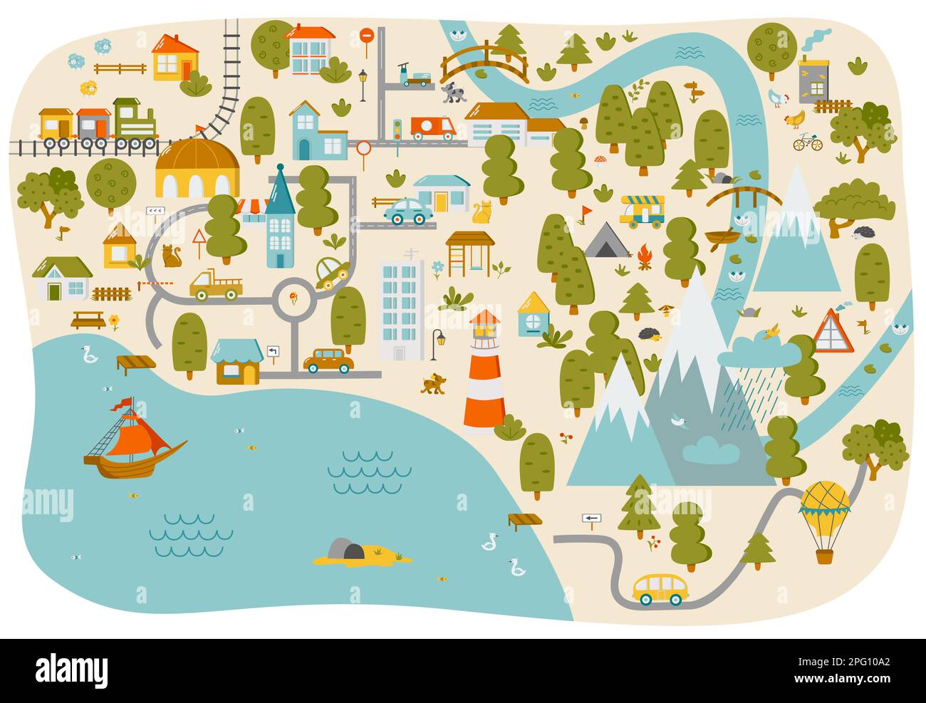 Cute town map for kids room. Landscape with lot details. Vector ...