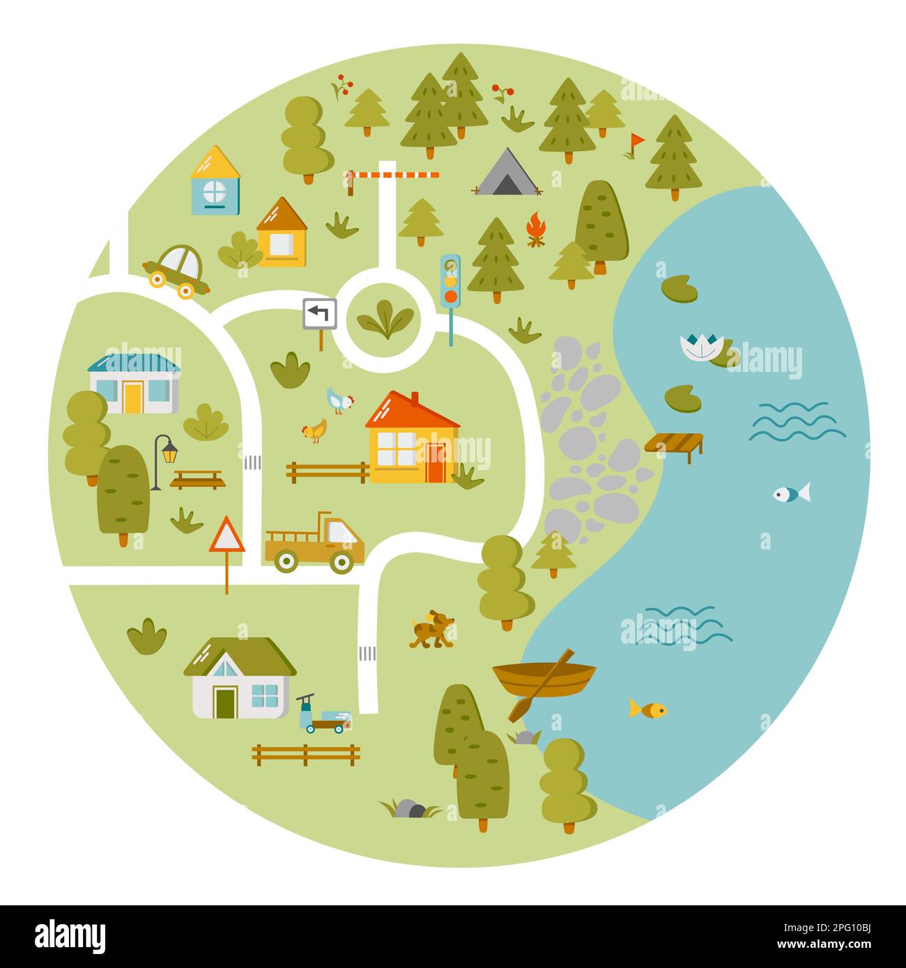 Cute town map for kids room. Landscape with lot details. Vector ...