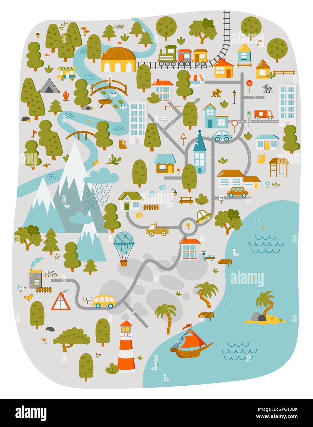 Cute town map for kids room. Landscape with lot details. Vector ...