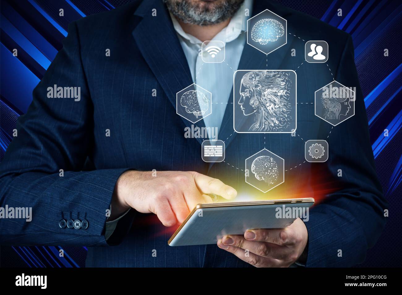 Artificial intelligence, AI chat bot concept. Businessman hands using tablet. ai chatbot ...
