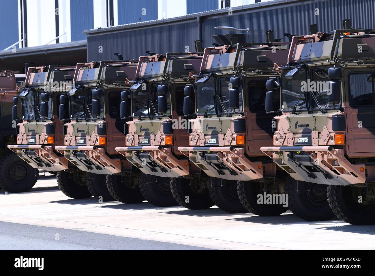 Trucks are seen at the Rheinmetall Defence Australia’s Military Vehicle ...