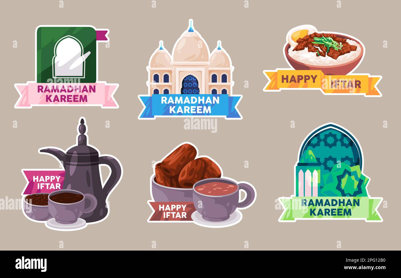 Sticker set of ramadhan kareem iftar icon collection in comic colorful ...