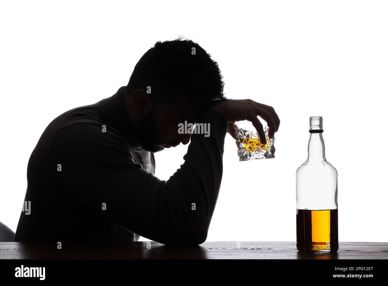 Silhouette of addicted man with alcoholic drink on white background ...