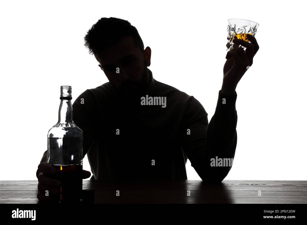 Silhouette of addicted man with alcoholic drink on white background ...
