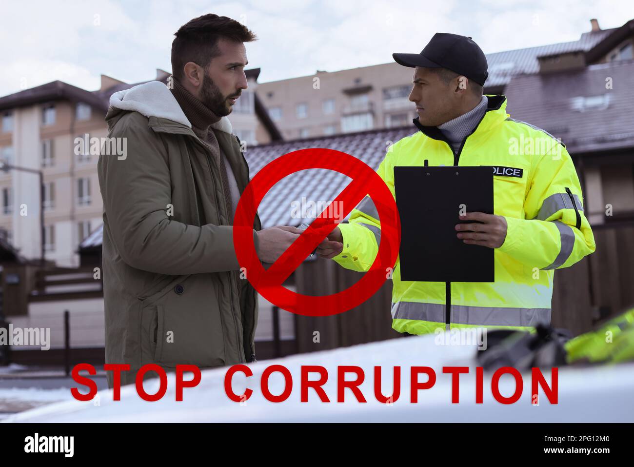 Stop corruption. Illustration of red prohibition sign and man giving ...