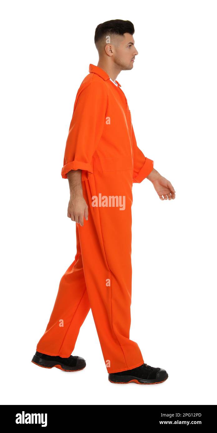 Prisoner in orange jumpsuit on white background Stock Photo - Alamy