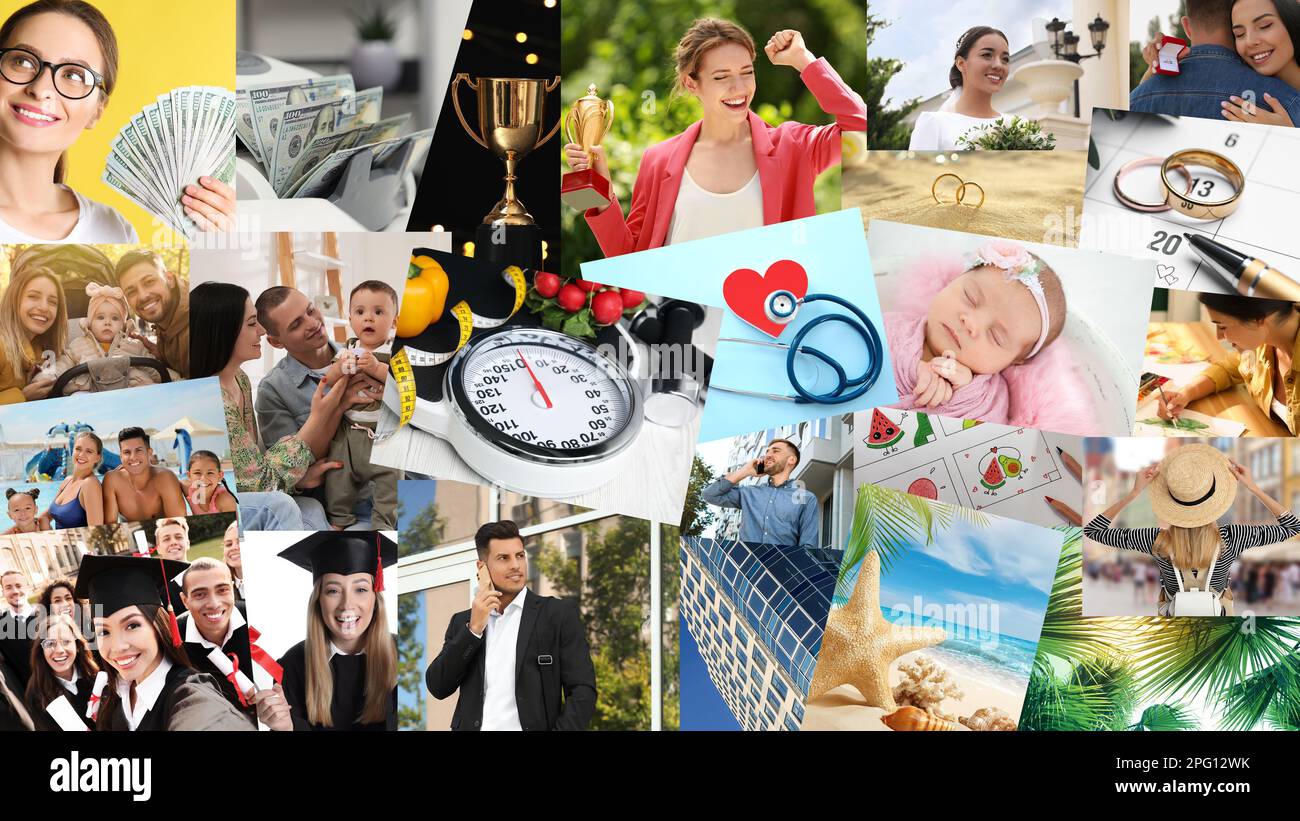 Vision board design. Collage with different photos representing dreams ...