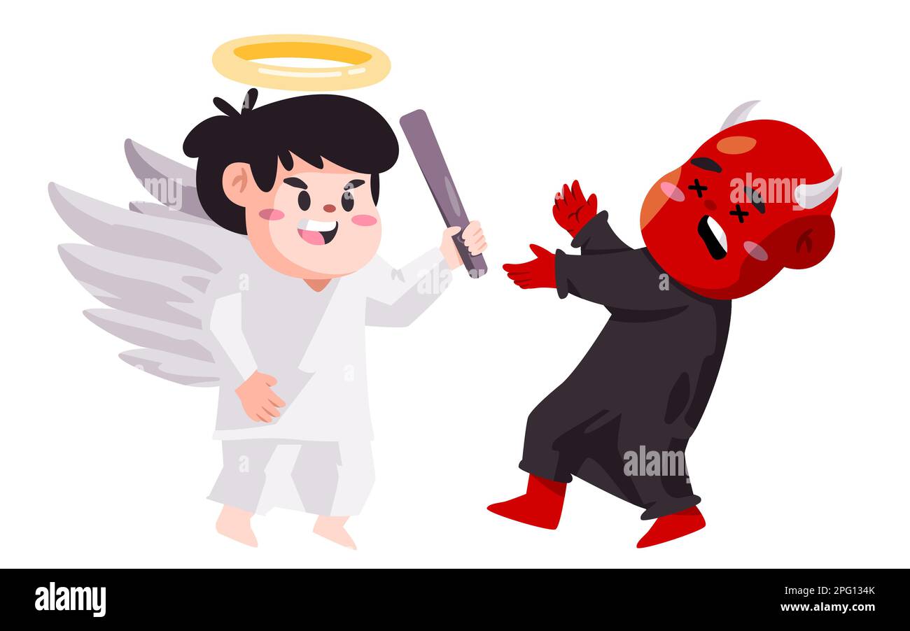 Angel versus daemon evil good vs bad cartoon character fight with stick ...