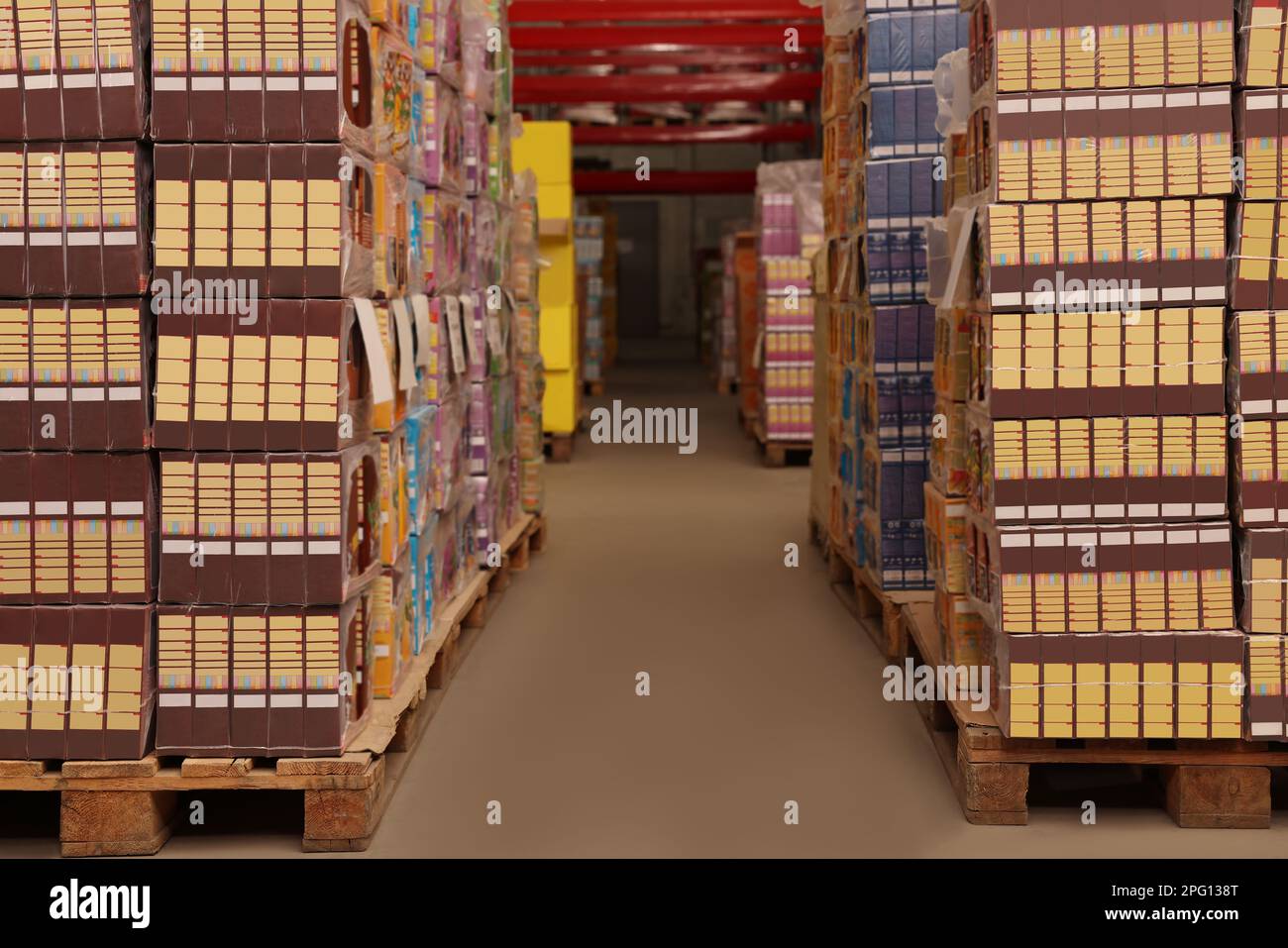 Warehouse with stacks of boxes on wooden pallets. Wholesaling Stock ...