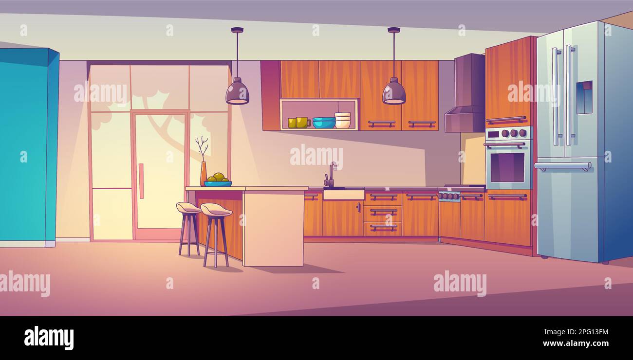 Kitchen room with bar table vector cartoon interior illustration ...